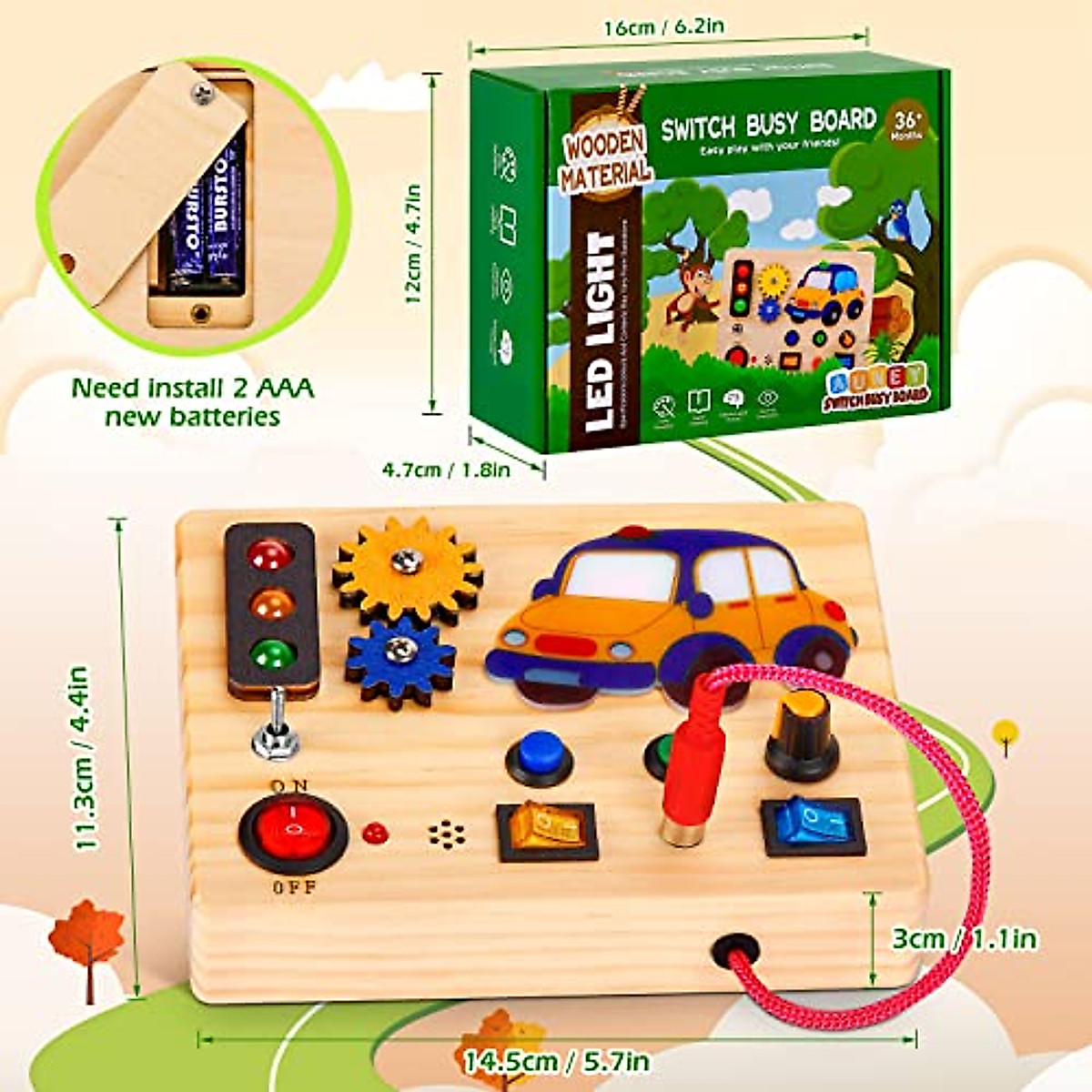 Auney Montessori Busy Board with Traffic Led Lights,Wooden Sensory Toys for Toddlers 1-3,Baby Travel Toys with 7 Different Led Lights Sound Button,Educational Toys for 1+ Year Old Boy Car Style Gift