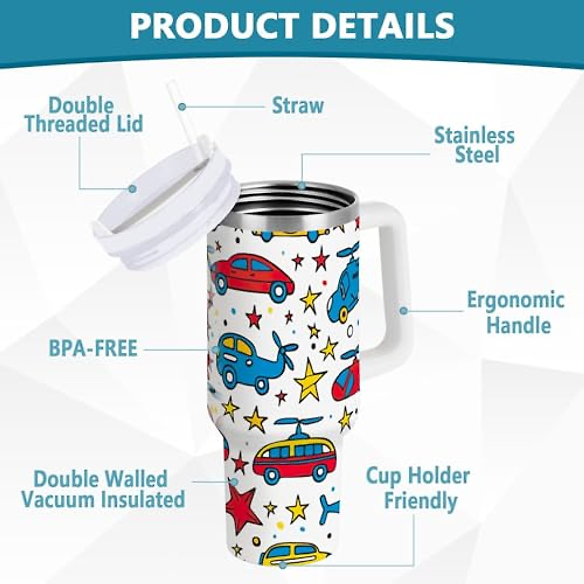ODAWA Cartoon Vehicles 30 Oz Tumbler with Handle Iced Coffee Tumbler Reusable Stainless Steel Tumblers