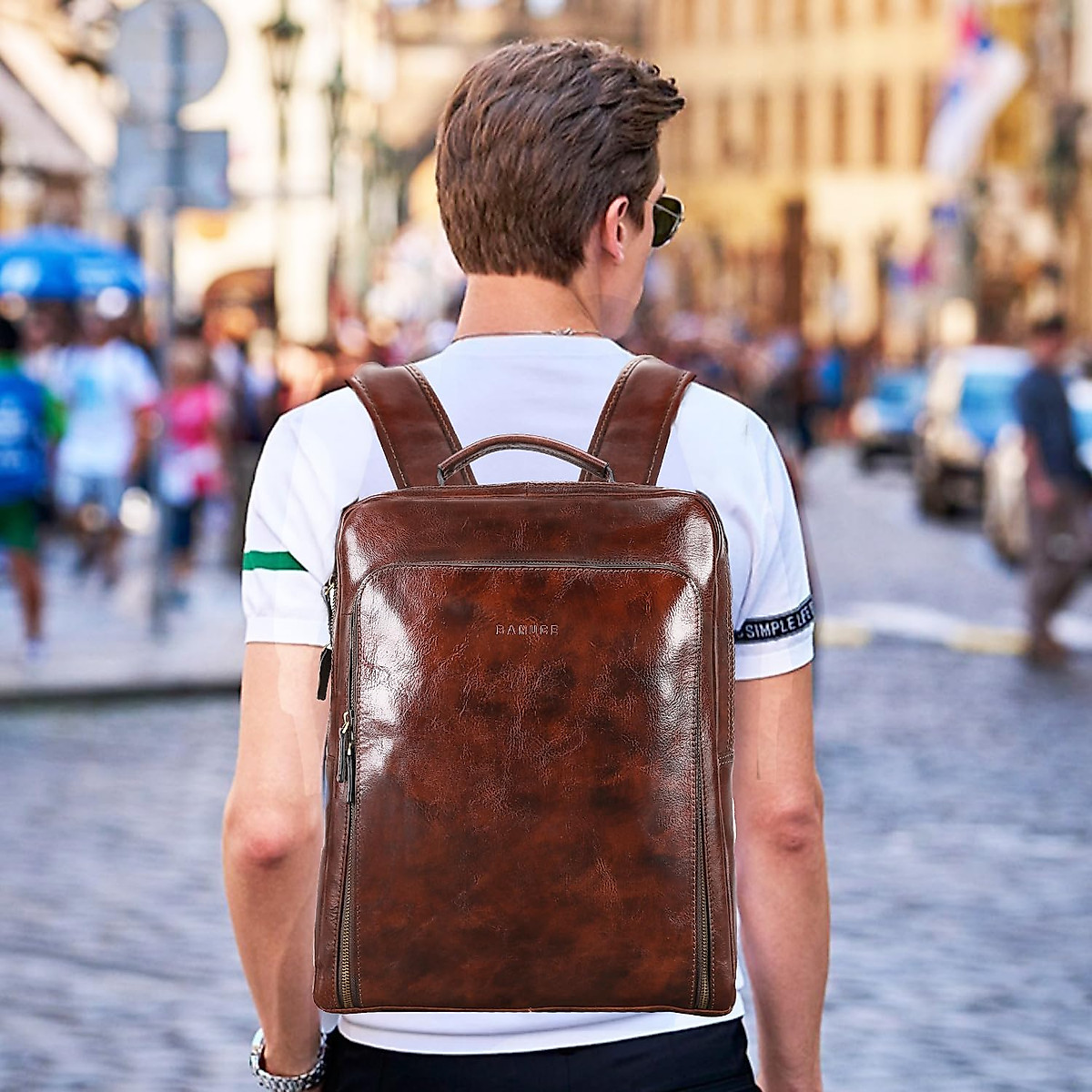 Ronts Banuce Full Grain Italian Leather Backpack for Men Business Travel 14 Inch Laptop Backpack Work Bag