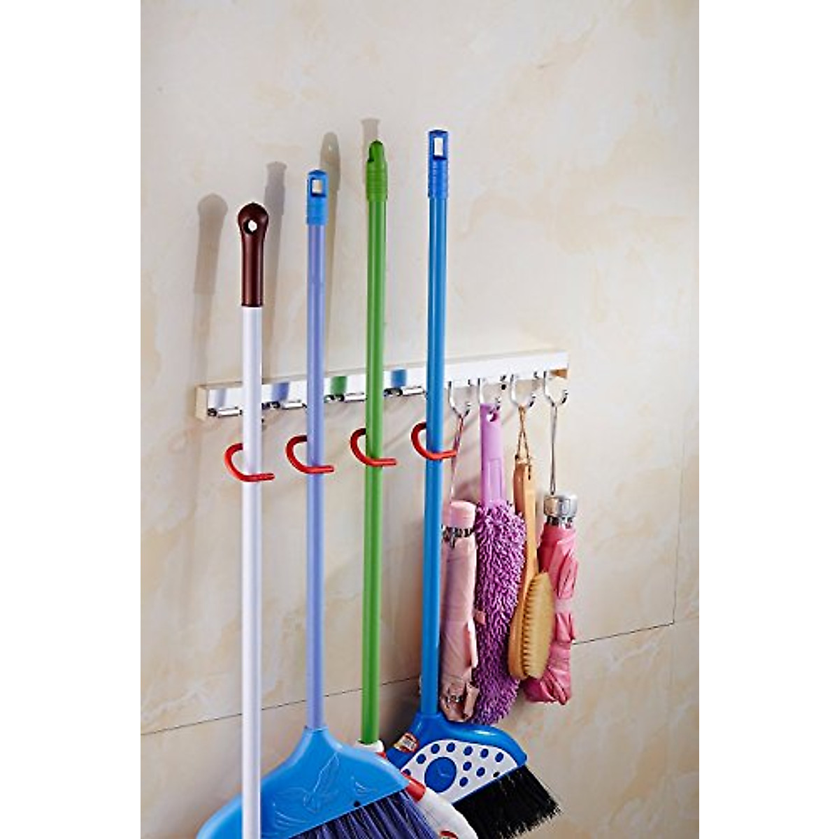 Cavoli Mop and Broom Organizer Wall Mounted, 4 Adjustable Holder and 3 Hooks,Storage Solutions for Broom Holders, Metal and Easy Clean