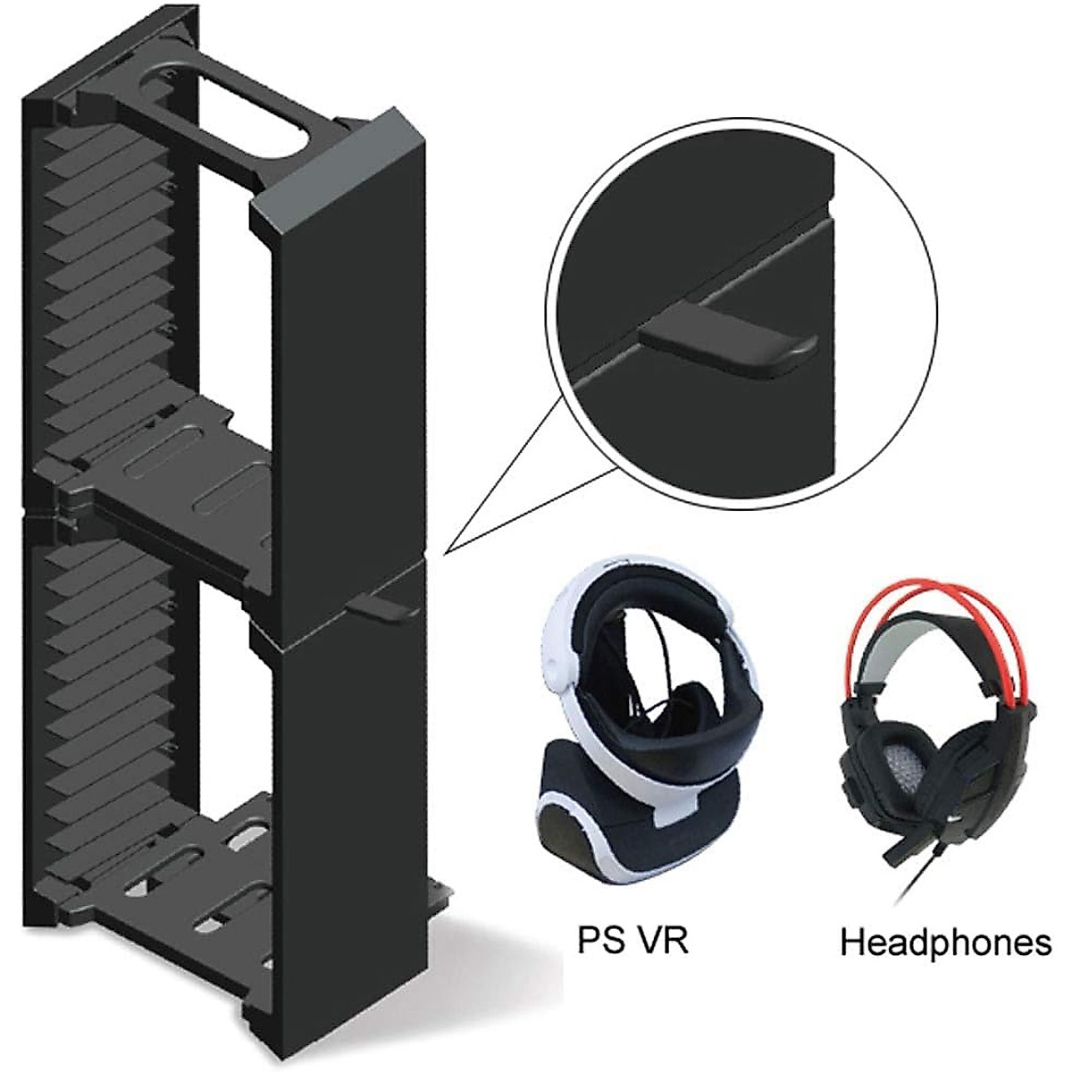 Skywin-Video Game Storage Stand Tower, Video Game Storage Organizer for PS5/ PS4/ PS3/ Xbox Series S & X/Xbox one Game, VR/Headset Hanger, 24 CD Storage Disk Tower for PS (Black)