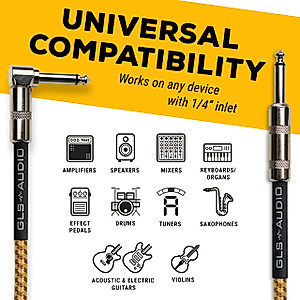 GLS Audio Instrument Cable - Amp Cord for Bass & Electric Guitar - Straight to Right Angle 1/4 Inch Instrument Cable - Brown/Yellow Braided Tweed, 20ft