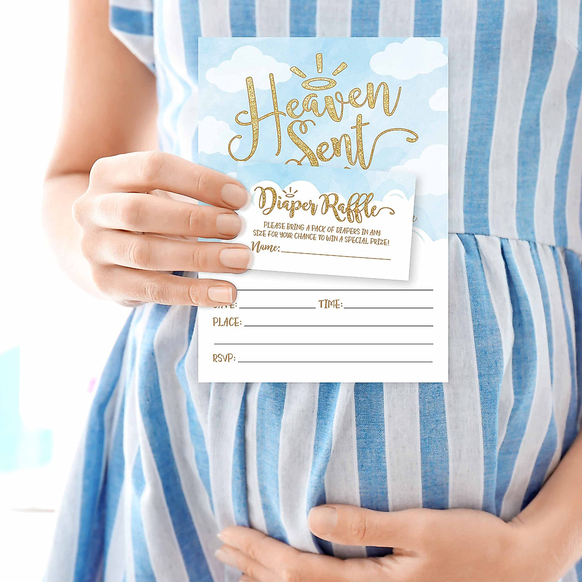 Hadley Designs 25 Blue Boy Heaven Sent Clouds Baby Shower Invitations, 25 Baby Shower Diaper Raffle Tickets For Baby Shower, Celestial Angel Fill or Write in Card, Diaper Raffle Cards, Baby Shower