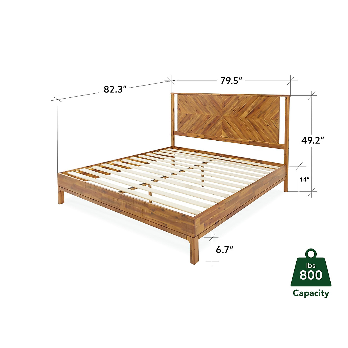 Bme Vivian 14 Inch Deluxe Bed Frame with Headboard, Rustic & Scandinavian Style with Solid Acacia Wood, No Box Spring Needed, 12 Strong Wood Slat Support, Easy Assembly, King, Rustic Golden Brown