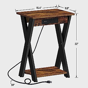 TUTOTAK End Table with Charging Station, X Shaped Side Table with USB Ports and Outlets, Nightstand, 2-Tier Storage Shelf, Sofa Table for Small Space, Brown TB01BB048