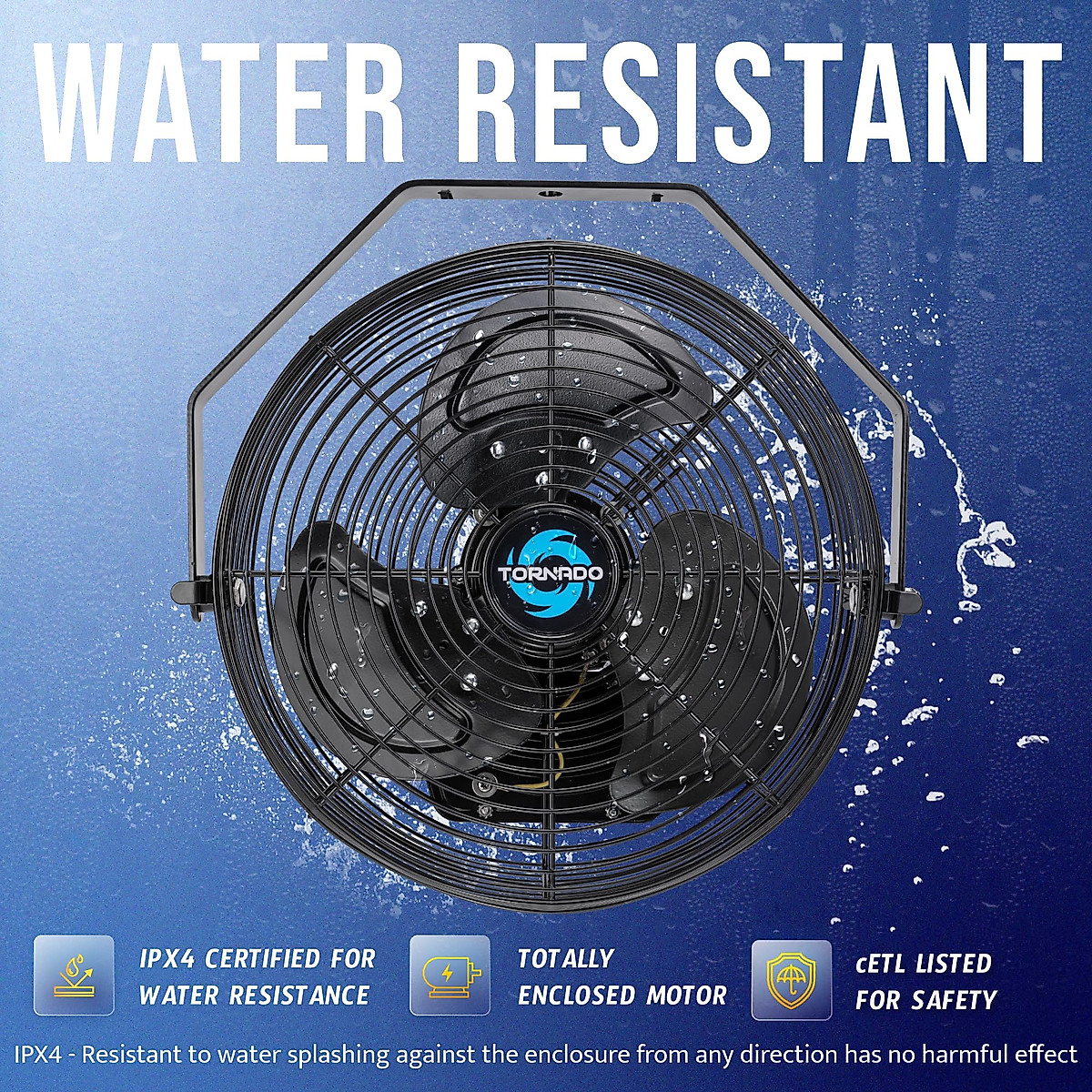 Tornado 12 Inch Outdoor Rated IPX4 Water-Resistant High Velocity Metal Industrial Wall Mount Fan For Commercial, Industrial, Residential, TEAO Motor 3 Speed 1650 CFM 6.6 FT Cord cETL Safety Listed