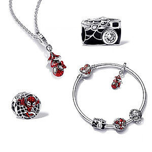 Feitery Men Charms for Bracelets and Necklaces Christmas Gifts Dangle Heart Bead with Cubic Zirconia Spacer 925 Sterling Silver (X)