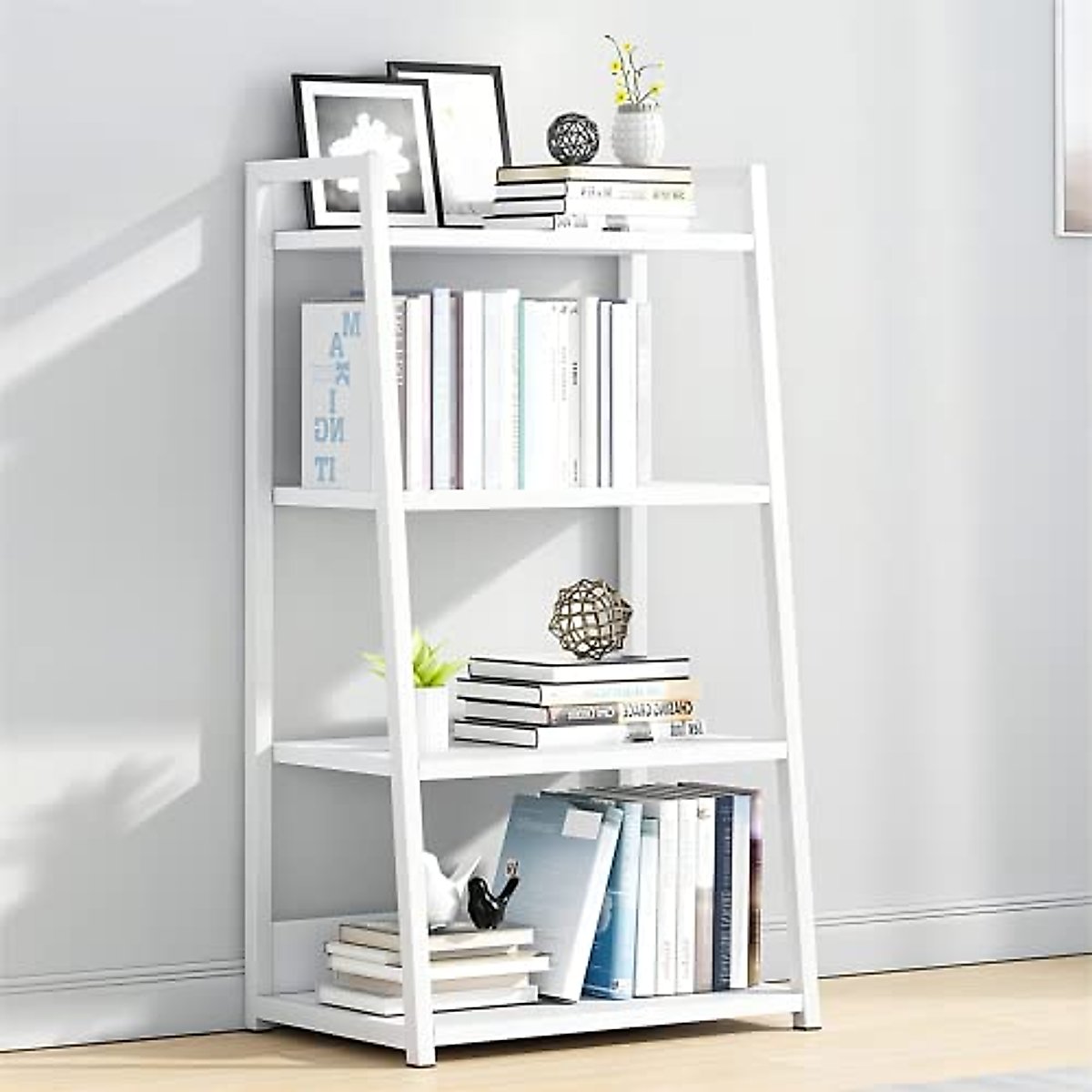 IOTXY 4 Tier Open Bookshelf - Steel and Wood Display Stand, 50CM Width Floor-Standing Bookcase, White