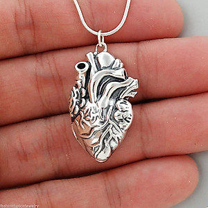 FashionJunkie4Life Anatomical Human Heart Charm Necklace | 18” Snake Chain Sterling Silver Necklace with Heart Pendant | Human Heart Necklace for Men or Women