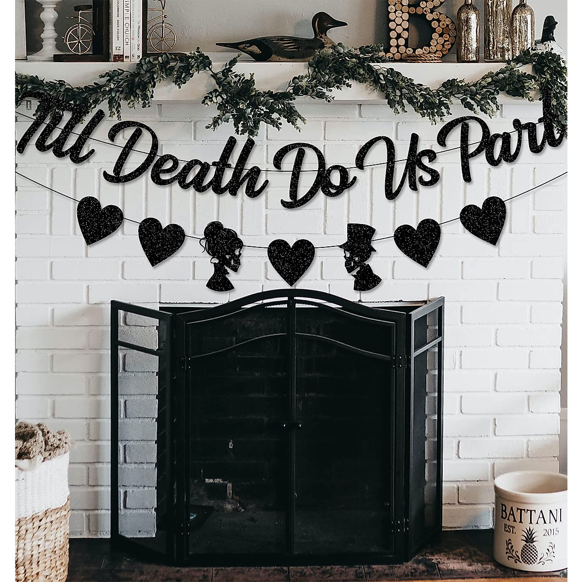 JKQ Black Glittery Till Death Do Us Part Banner with Heart Bride Groom Signs Halloween Bridal Shower Garland Banner Halloween Themed Wedding Bachelorette Engagement Party Fireplace Mantle Decorations