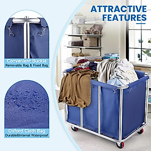 Laundry Cart with Wheels, 400L Capacity Commercial Laundry Sorter Rolling Laundry Hamper with Removable Oxford Bag and Sturdy Steel Frame, 330 lbs Load, Blue