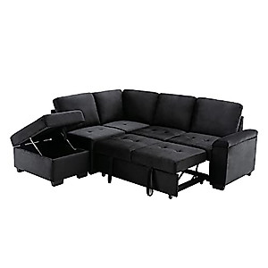 UBGO Sectional Modern L Shape Corner Convertible Sleeper Combination Sofa Bed Ottoman and Storage Hidden Arms Pull Out Sheet for Living Room Apartment, Black G