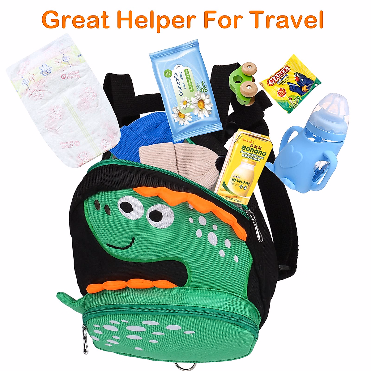 Yuepin Backpack Leash for Toddlers + Anti Lost Wrist Link, Dinosaur Kids Backpack Harness with Leash for 1-5 Years Old Boys and Girls Christmas Gift (Dinosaur Black)