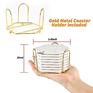 Marble Coasters for Drinks Absorbent with Cork Base, 8 Pcs Drink Coasters for Wooden Table with Metal Holder, Gold Ceramic Cup Coaster Set Rustic Home Decor for Living Room Bar, Housewarming Gifts