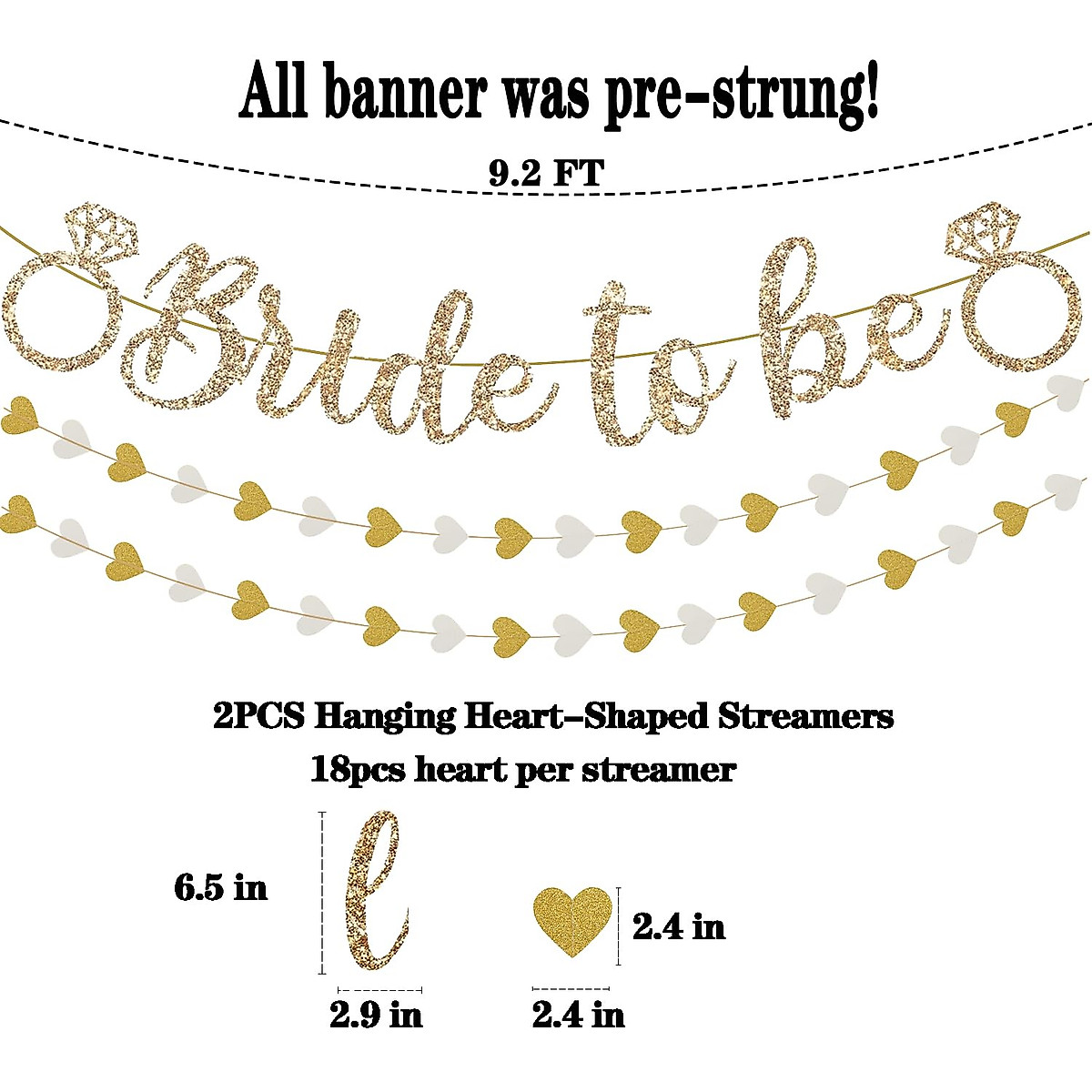 Pre-Strung Bride to Be Banner,Gold Glitter Banner Sign with 2PCS Heart Streamers Garland for Bachelorette Party Decorations, Bridal Shower Wedding Engagement Hen Party Decorations Supplies