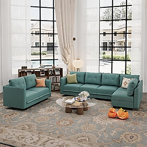 LLappuil Modular Sectional Sofa Faux Leather Fabric Convertible U Shaped Sofa 7 Seater Couch with Storage, Oversized Reversible 112 Inch Sectional Couches for Living Room, Office, Aqua Blue