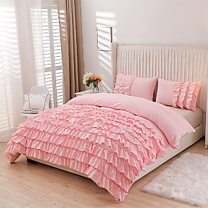Holawakaka Pink Waterfall Ruffle Comforter Set Twin Size Multi-Layers Ruffled Shabby Chic 3PCS Bedding Set for Girls Women
