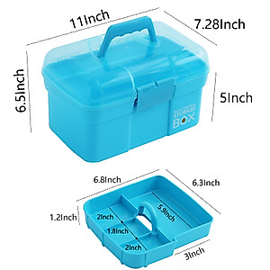 Kinsorcai 11'' Plastic Storage Box with Removable Tray, Multipurpose Organizer and Storage Case for Art Craft and Cosmetic (Blue)