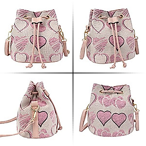 ZLM BAG US Women Girls Faux Leather Drawstring Bucket Bag Pink Heart Print Hobo Shoulder Purse Mini Crossbody Bag