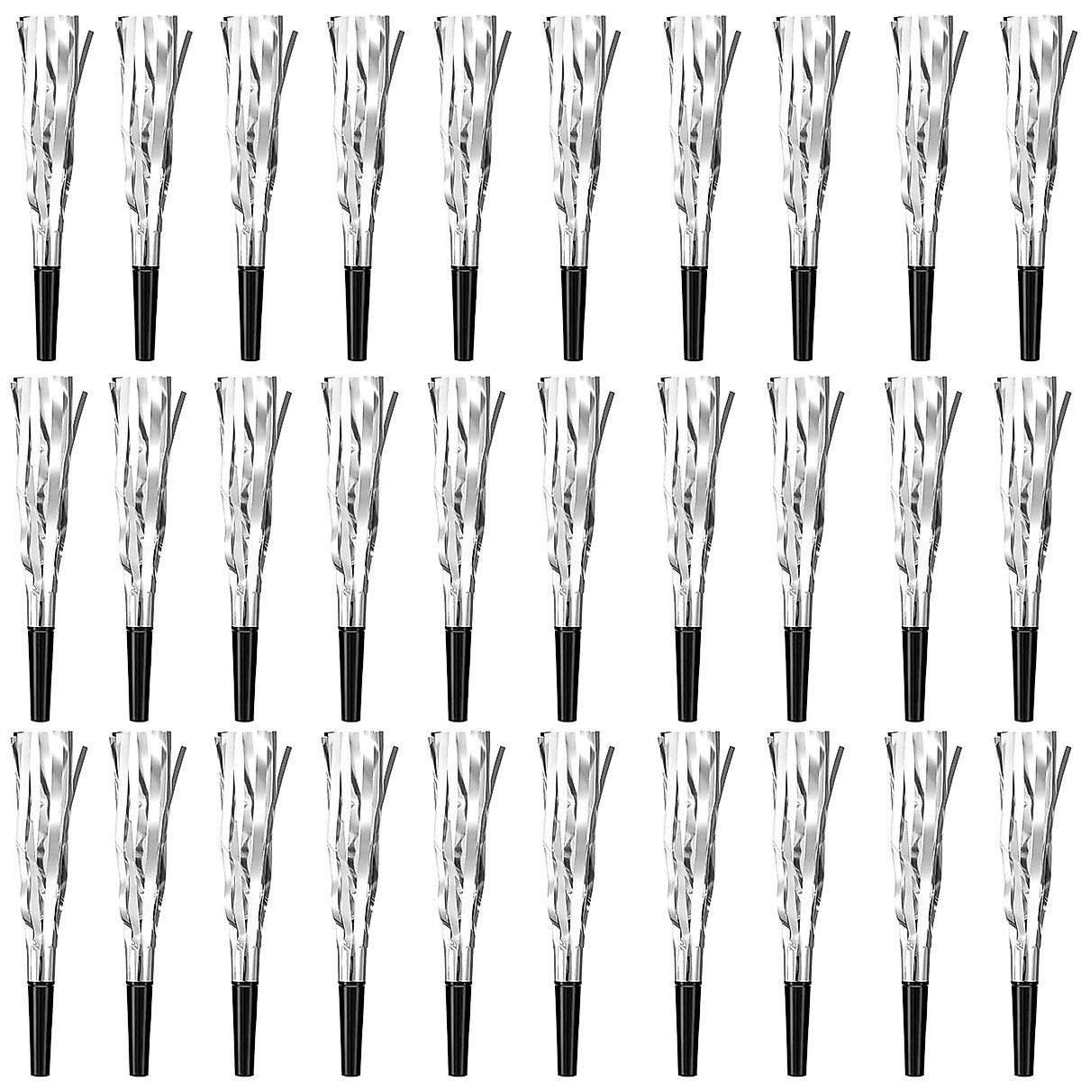 Ismeally 30Pcs Silver Glitter Metallic Fringed Noise Maker Musical Blowouts Squawker Whistles Party Noisemakers for Baby Shower, New Year Party, Birthday Party, Graduation Party Favor Supplies