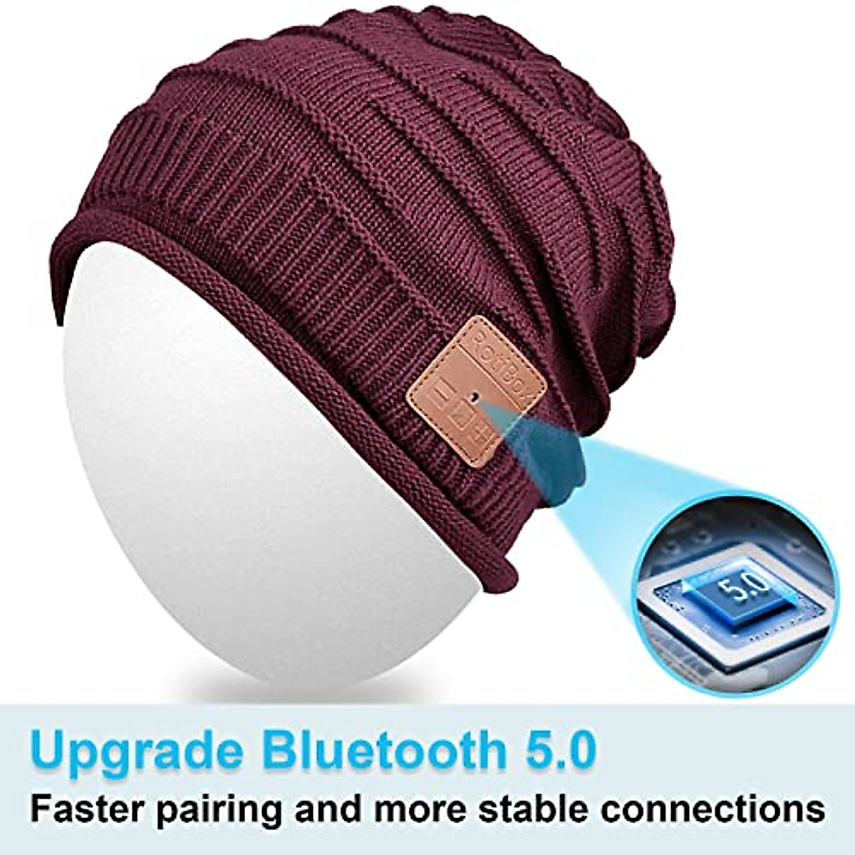 Mydeal Wireless Bluetooth Beanie Hat Headphones Headsets Music Audio Cap with Speakers Mic Hands Free for Women Men Outdoor Sports,Compatible with iPhone 7/7 Plus,Samsung - Burgundy