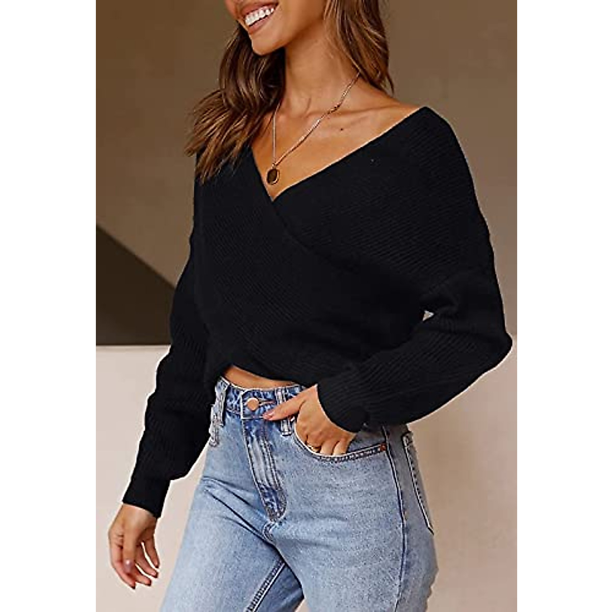 ZCSIA Women's Wrap V Neck Cropped Sweaters 2023 Fall Long Sleeve Cross Front Off Shoulder Solid Knitted Pullover Tops,Black,XLarge