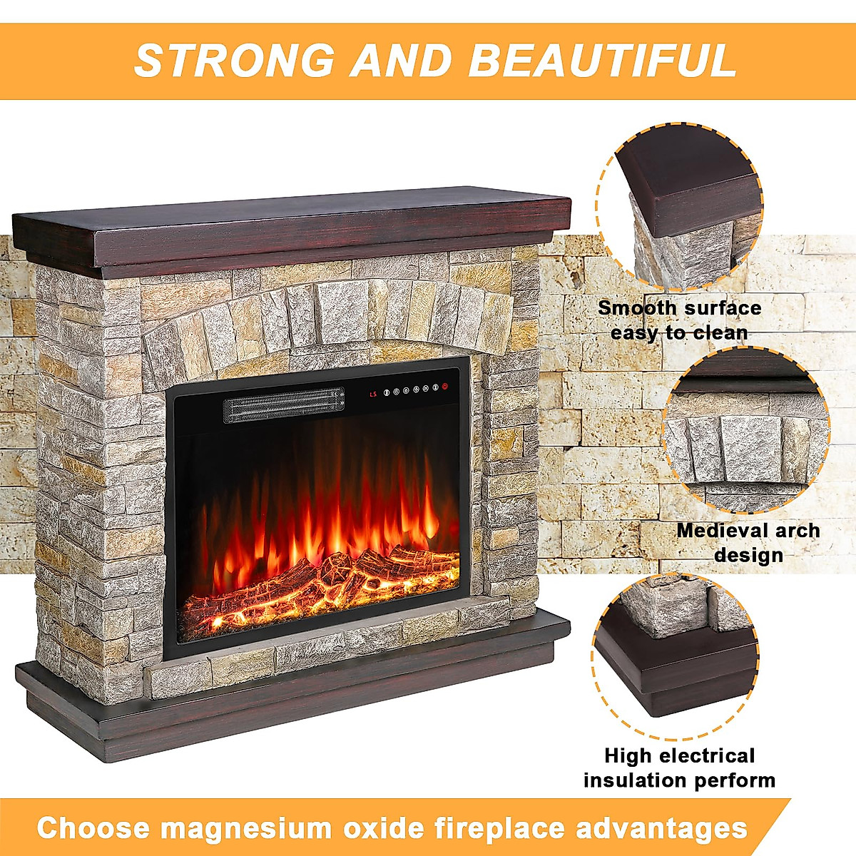 BOSSIN 36" Electric Fireplace with Mantel, 23 inch Electric Fireplace Insert, TV Stand Freestanding Heater with Remote Control Timer LED Flame for Living Room Bedroom,Faux Stone Gray