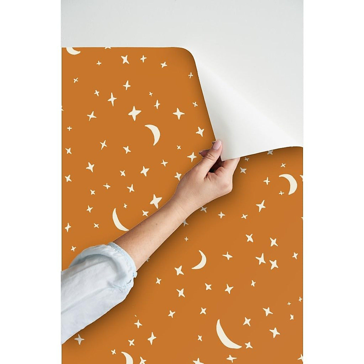 Peel & Stick Wallpaper Swatch - Boho Astrological Burnt Orange Autumn Fall Halloween Celestial Stars and Moon Custom Removable Wallpaper by Spoonflower