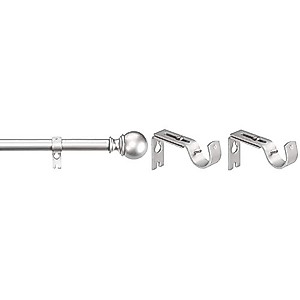 Amazon Basics 1-Inch Curtain Rod with Round Finials - 1-Pack, 72 to 144 Inch, Nickel & Adjustable Curtain Rod Wall Bracket Hooks, Set of 2, Silver Nickel