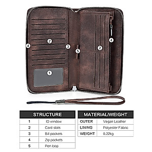 BROMEN Womens Wallet RFID Blocking Large Capacity Wristlet Phone Holder Zip Around Leather Clutch Purse Retro Coffee