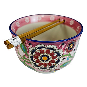 Ebros Mandala Floral Blooms With Pink Polkadot Art Splash Ramen Udon Noodles Large 6.25" Diameter Soup Bowl With Built In Rest and Bamboo Chopsticks Set for Rice Pasta Salad