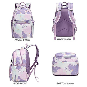 Rexmore Kids Backpack for Girls,3 Pcs Set Elementary Bookbag Waterproof Cute School Bag with Multi Pockets and Compartment,Purple