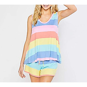 CHUNG Women's Cute Cotton Pajama Set Flamingo Print Tank Tee Shorts Sleepwear Summer (Large, Stripe Pink)