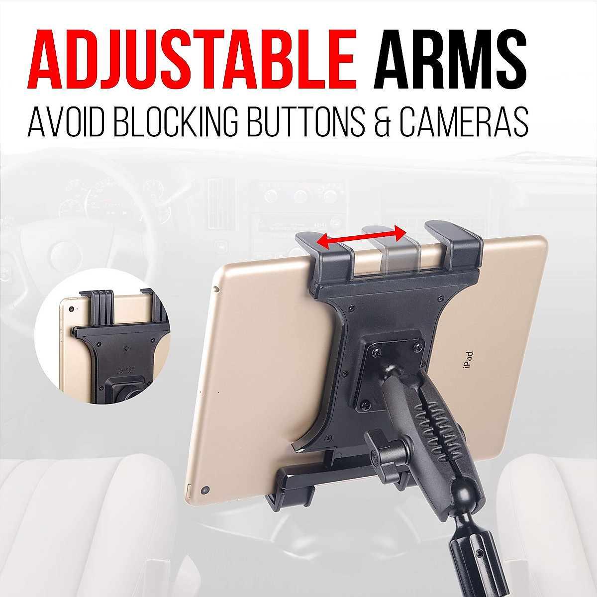 TACKFORM Tablet Mount for Car or Truck Seat Rail Mount with 22" Reach - 18" Aluminum Rod Gooseneck and 3.75" Arm Device Holder for Van, Car or Truck. Compatible With iPad, Galaxy, Surface Pro and more