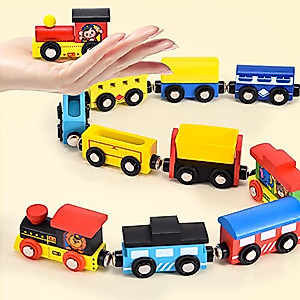 Latocos 12 Pcs Wooden Train Cars Set Toddlers Magnetic Train Toys Kids Boys Girls 3 Engines Vehicle Cars Montessori Educational Toys for Age 3 4 5 6
