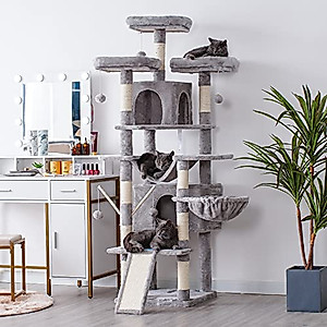 Hey-brother Cat Tree, 71 inches XL Large Cat Tower for Indoor Cats, Multi-Level Cat House with 3 Padded Perches, Big Scratcher, Cozy Basket, 2 Cat Condos and Scratching Posts, Light Gray MPJ034W