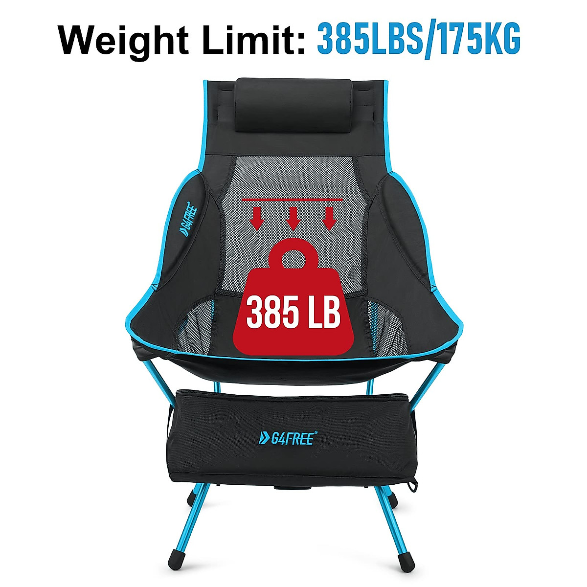 G4Free Folding Camp Chair High Back Lightweight Camping Chair with Removable Pillow, Side Pocket & Carry Bag, Compact & Heavy Duty 385lbs for Outdoor Hiking Backpacking Beach Picnic Travel Blue