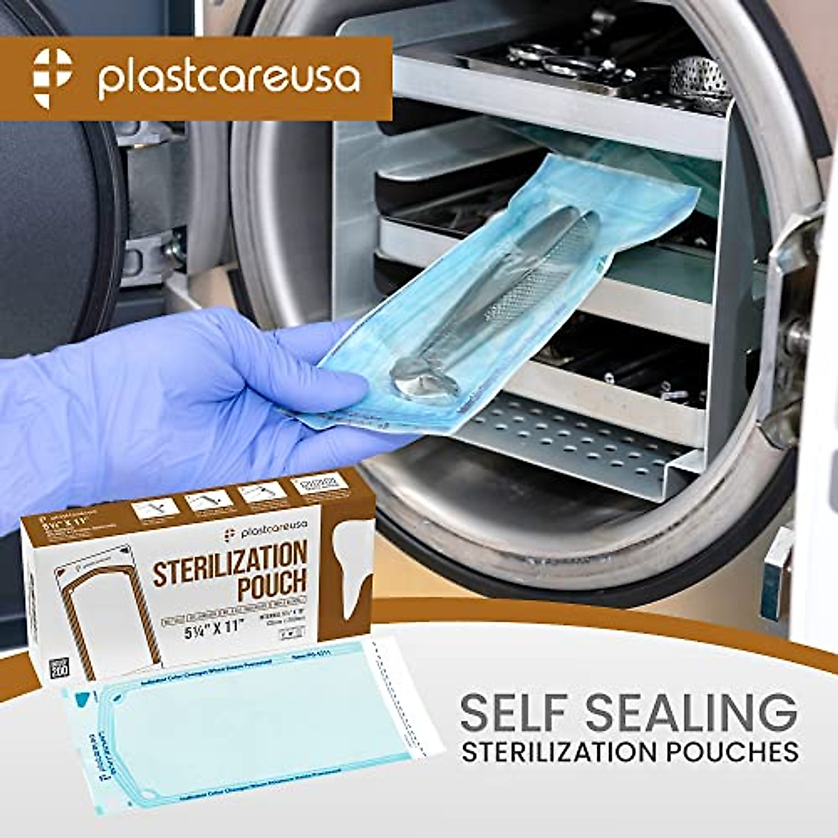 200 5.25 x 10 Self-Sterilization Pouches for Cleaning Tools, Autoclave Sterilizer Bags for Dental Offices, Pouch for Dentist Tools, 200 Pouches, 1 Box of Paper Blue Film