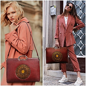 Genuine Leather Handbags for Women, Organizer Crossbody Bag Large Satchel Vintage Embossing Totem Shoulder Bag (Red)