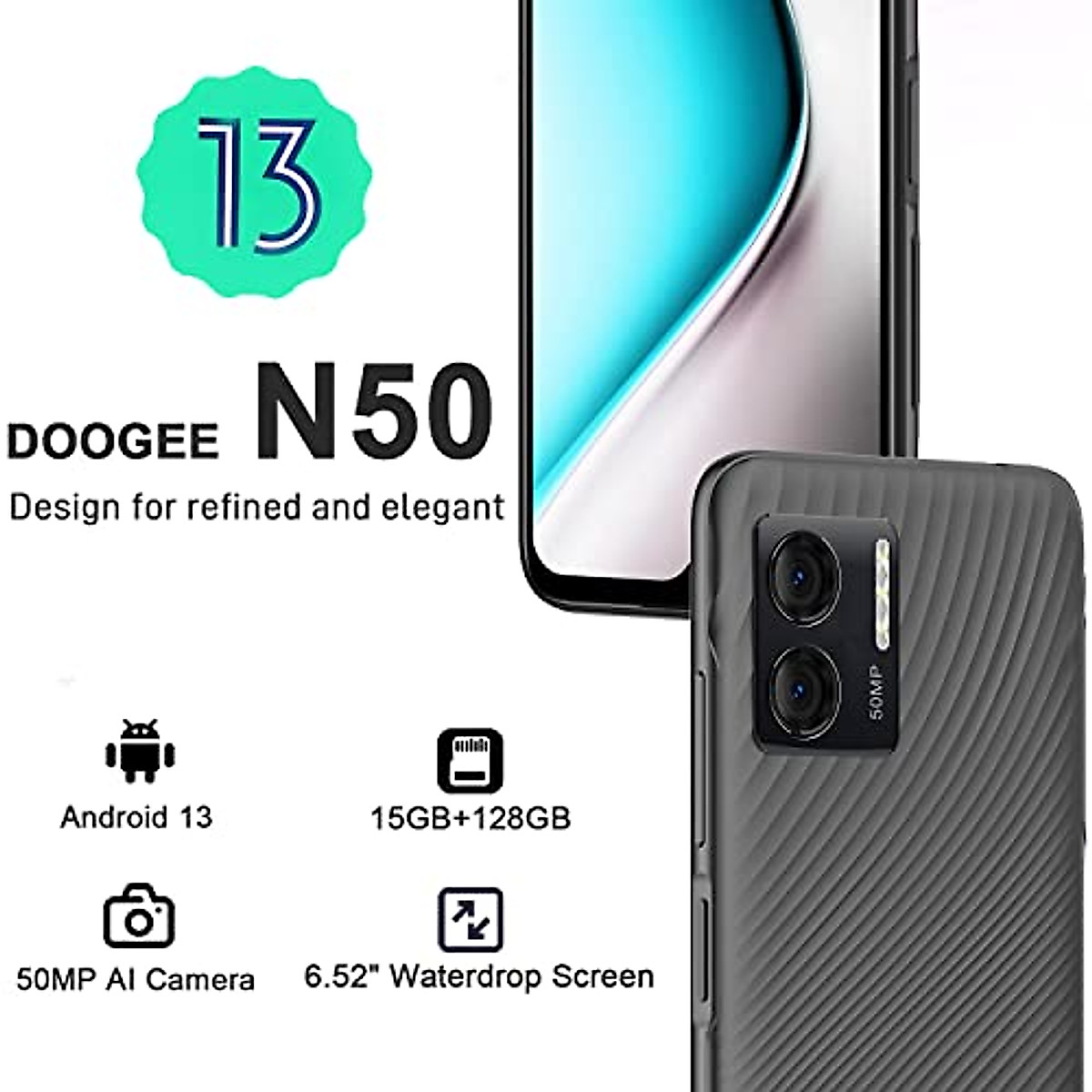 DOOGEE N50 2023 Unlocked Cell Phone, 15GB+128GB Android 13 Smartphone, 6.52" Display Android Phone, 50MP AI Camera Dual 4G Phones Unlocked, 90dB Loud Speaker, OTG, Fingerprint, T-Mobile - Grey