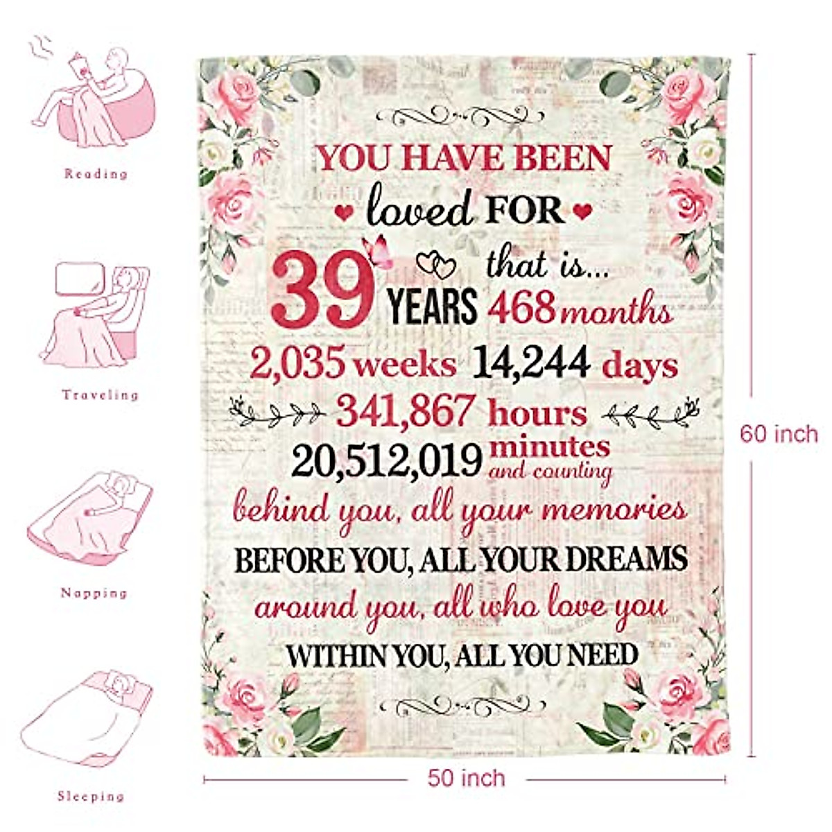 39th Birthday Gifts for Women Happy 39th Birthday Gifts for Her 39 Year Old Birthday Gifts for Women 39th Birthday Decorations for Women Bestie Wife Sister Mom Friends 39th Birthday Blanket 60"x 50"
