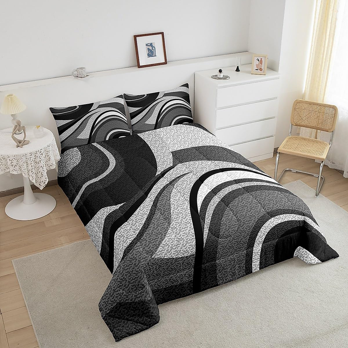 Black Grey Stripes Comforter Set Full Size Kids Geometric Comforter Set for Boys Teens Geometry Abstract Art Bedding Set Modern Striped Art Duvet Set Room Decor Quilt Boys