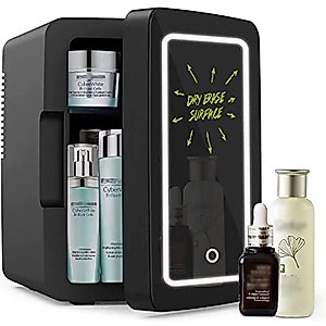 PERSONAL CHILLER 6L Mini Fridge Warm or Cooler – Portable LED Fridge for Makeup, Skincare, Snacks, & More – Mini Fridge for Bedroom Vanity with Lighted Glass, Black