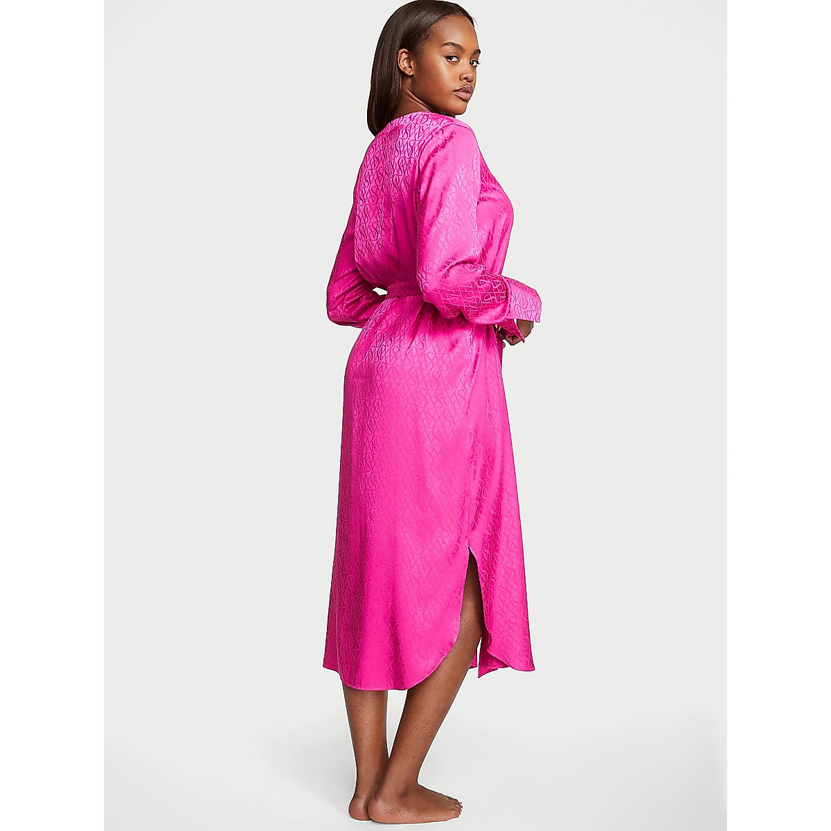 Victoria's Secret Icon Satin Long Robe, VS Logo Kimono, Women's Lingerie, Pink (XL/XXL)