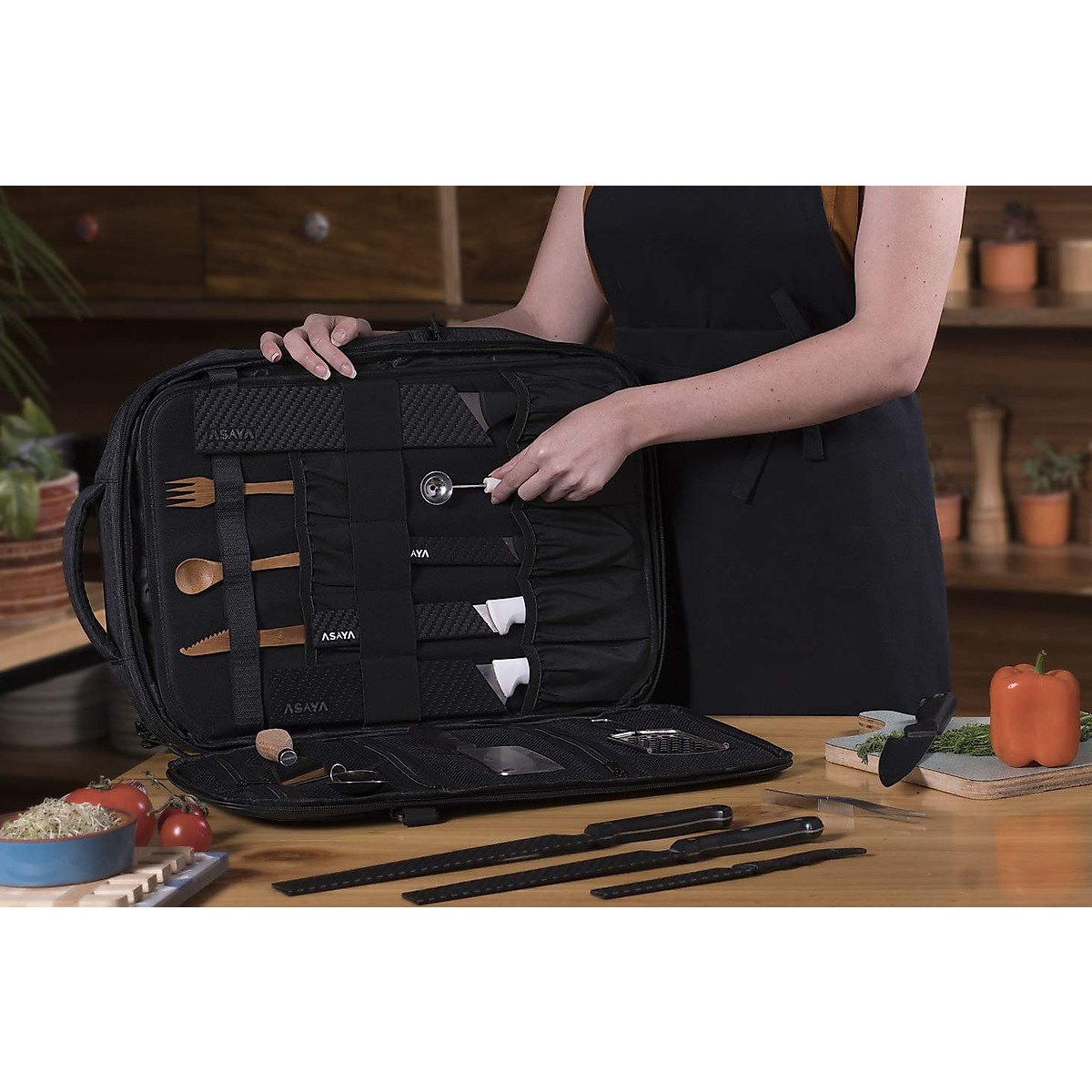 Asaya Chef Knife Backpack with 20 Pocket Knife Roll Bag - Over 30 Pockets for Knives and Kitchen Utensils - Stain Resistant Waxed Nylon - Padded for Extra Protection - Knives Not Included