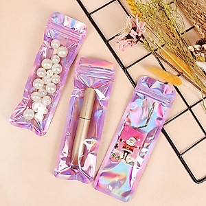 HRX Package 100pcs Pink Holographic Bags Packaging 2.4x7 inch, Resealable Bags Foil Ziplock Pouch Smell Proof Baggies for Lip Gloss, Eyeliner Pens, Jewelry, Candy