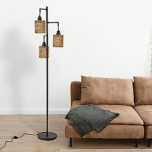 Feohak Boho Floor Lamp, Rattan Floor Lamps for Living Room 3-Light Bamboo Wicker Farmhouse Rustic Coastal Bohemian Straw Tall Tree Standing Lamp for Bedroom Office