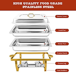 EVGTTI Gold Chafing Dish Buffet Set, Stainless Steel Rectangular Full Size 8 QT Chafers and Buffet Warmer Sets for Catering, Foldable Complete Set with Pan, Lid, Fuel Holder for Event Party (5 Pack)