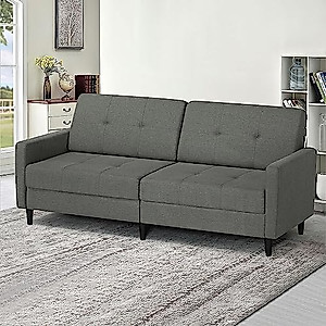 77" Modern Linen Fabric Futon Sofa Bed with Adjustable Backrest & Solid Wood Legs, Convertible Loveseat Couch Sleeper Sofabed 3 Seats Sofa for Small Space (Grey)