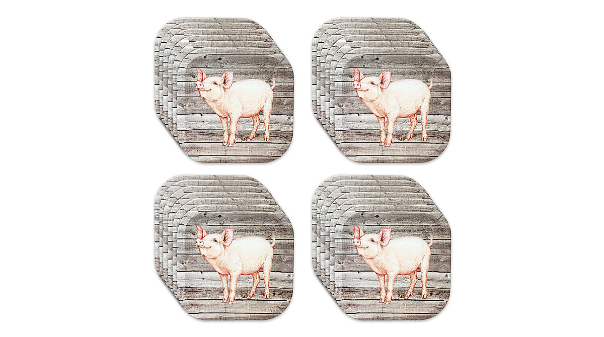 Havercamp 9-inch Pig Plates on Barnwood | Rustic Farm Party Supplies